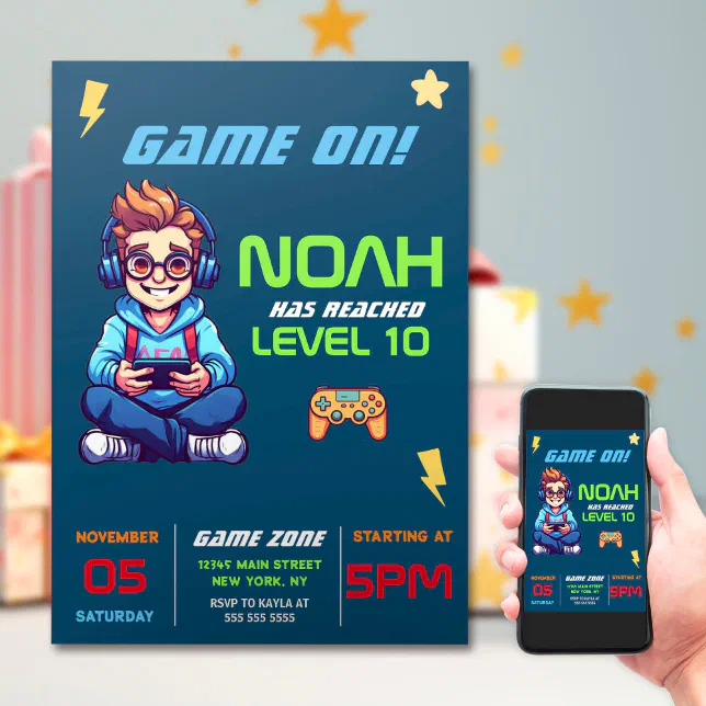 Game On Level Up Blue Video Game Birthday Party Invitation | Zazzle