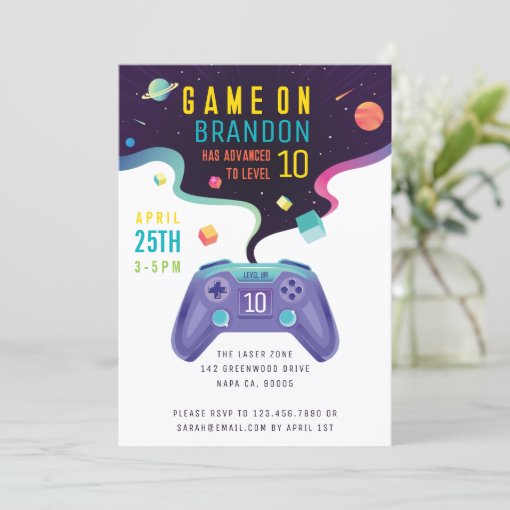 Game On Level Up Fun Video Game Birthday Invitation | Zazzle