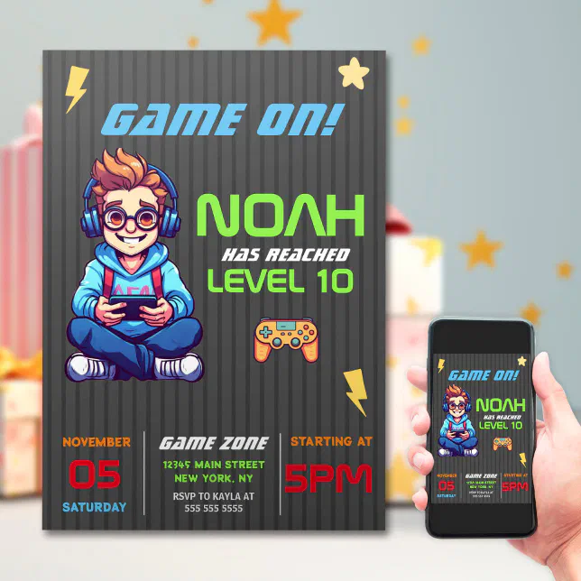 Game On Level Up Fun Video Game Birthday Party Invitation | Zazzle