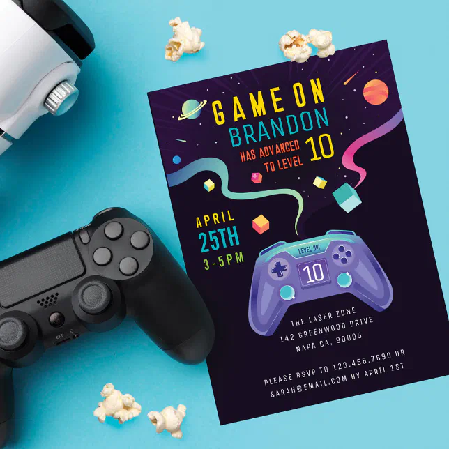 Game On Level Up Fun Video Game Birthday Party Invitation | Zazzle