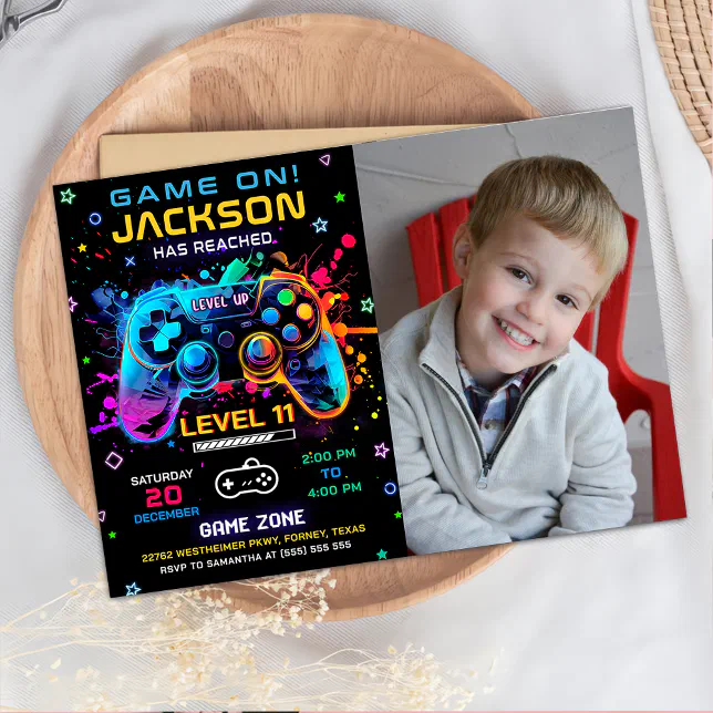 Game On Level Up Video Game Birthday Photo Invitation | Zazzle