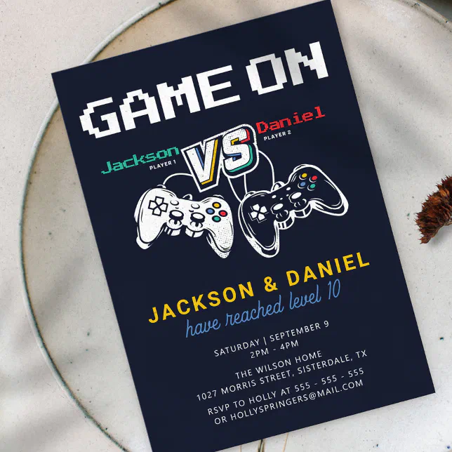 Game On Modern Video Game Twin Kids Birthday Invitation | Zazzle