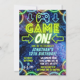 Game On Neon Glow Video Game Gaming Birthday Party Invitation | Zazzle
