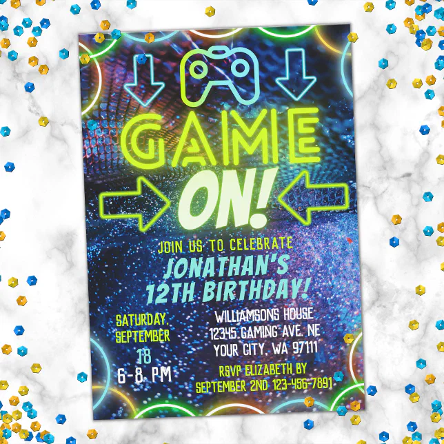 Game On Neon Glow Video Game Gaming Birthday Party Invitation | Zazzle