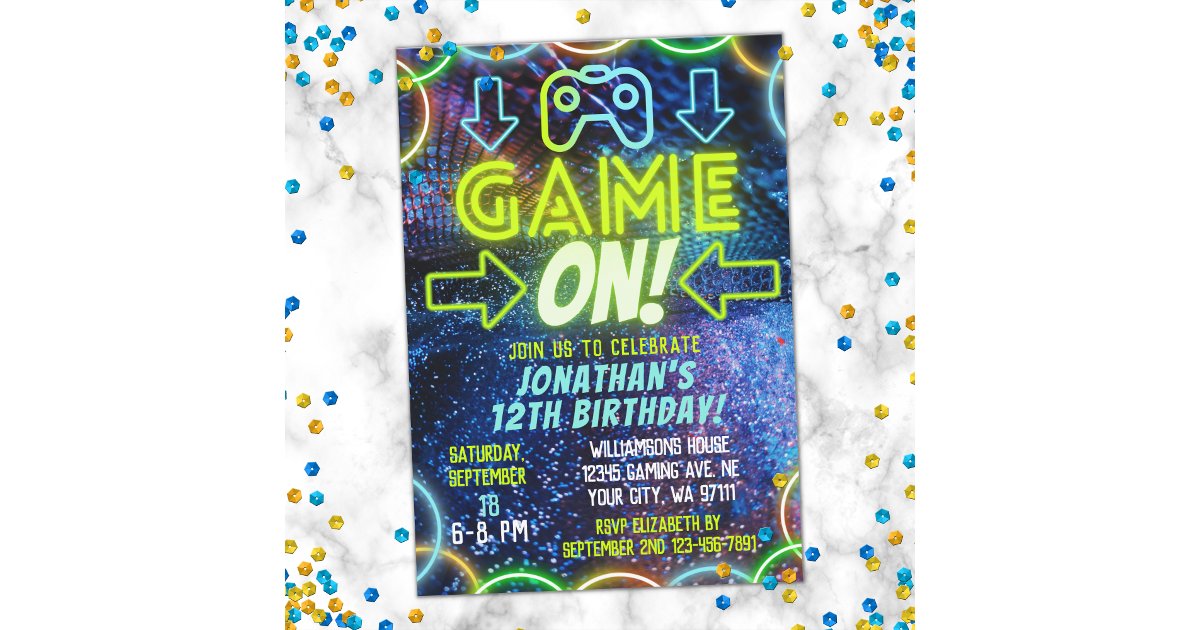 Game On Neon Glow Video Game Gaming Birthday Party Invitation | Zazzle