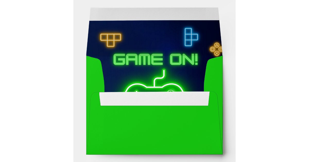 Game on neon green, and blue envelope | Zazzle