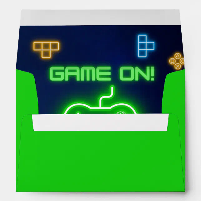 Game on neon green, and blue envelope | Zazzle