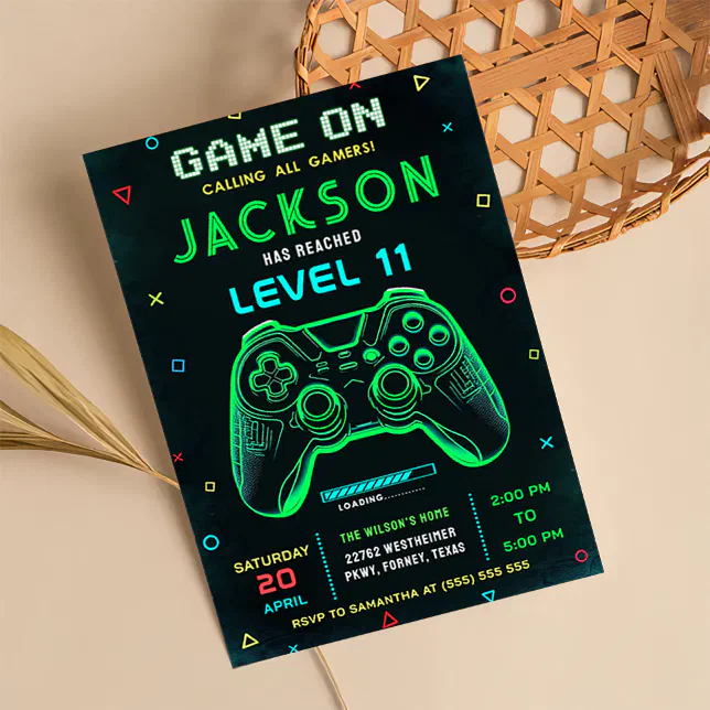 Game On Neon Video Game Birthday Party Invitation | Zazzle