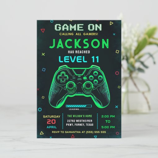 Game On Neon Video Game Birthday Party Invitation | Zazzle