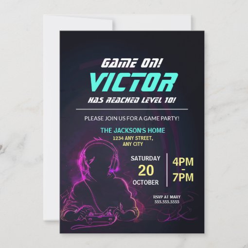 Game On Neon Video Game Boy Birthday Party Invitation | Zazzle
