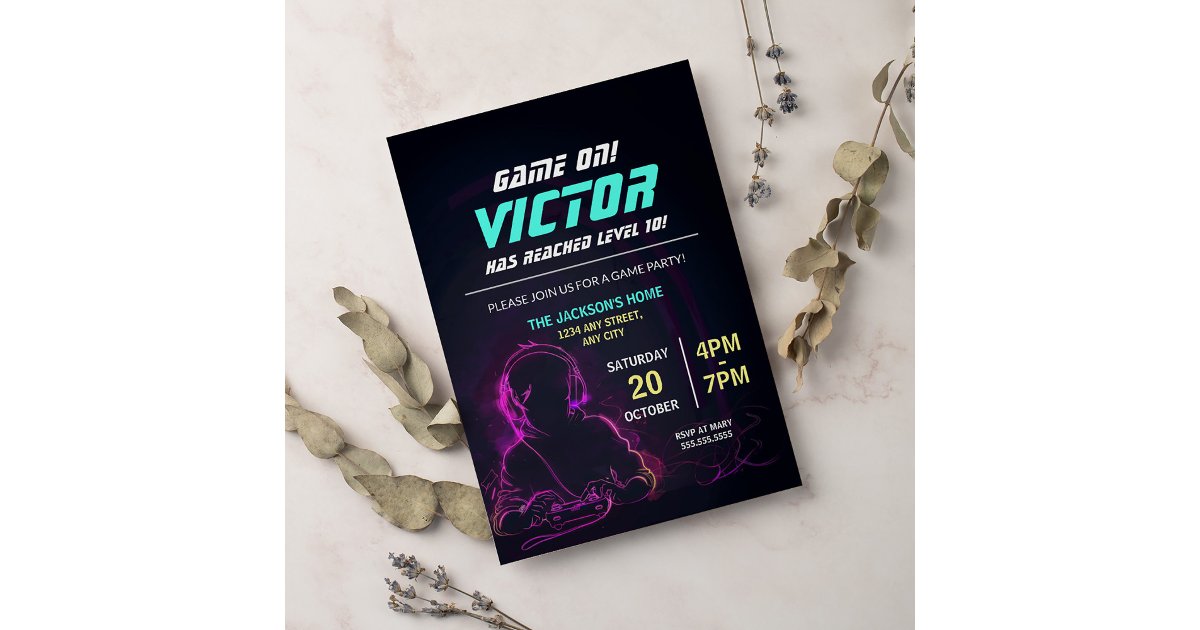Game On Neon Video Game Boy Birthday Party Invitation | Zazzle