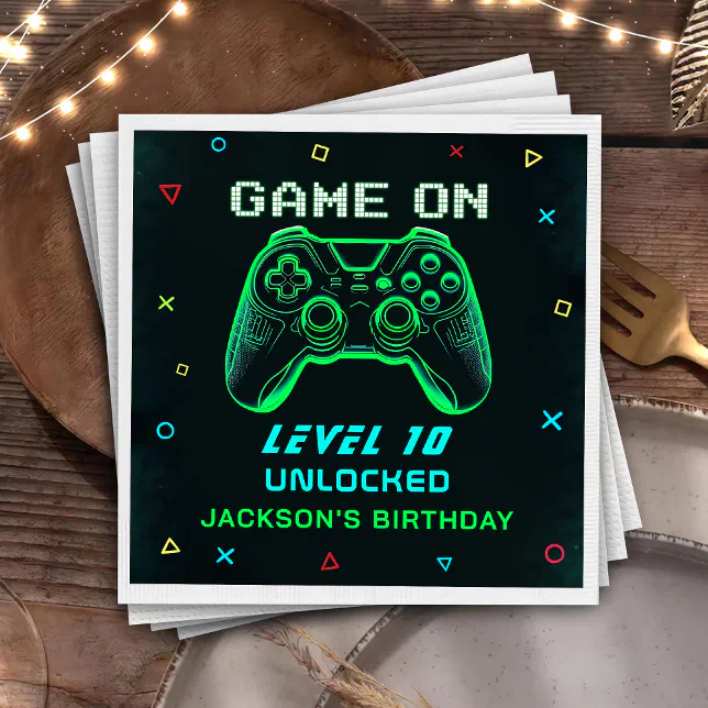 Game On Neon Video Game Kids Birthday Napkins | Zazzle