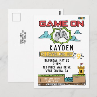 Game On Video Game Birthday Postcard Invitation | Zazzle