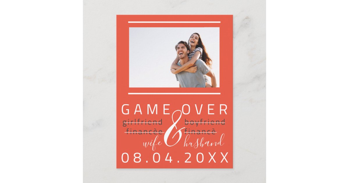 Game Over Funny Save The Date Photo Wow Coral Postcard | Zazzle
