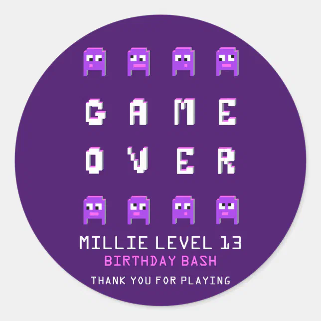 Game over monster purple birthday party thank you classic round sticker ...
