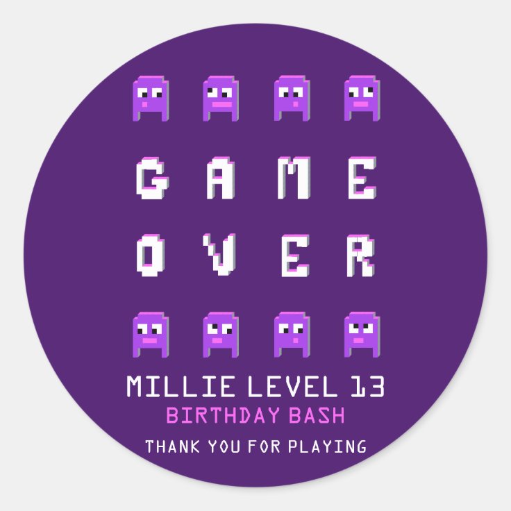 Game over monster purple birthday party thank you classic round sticker ...