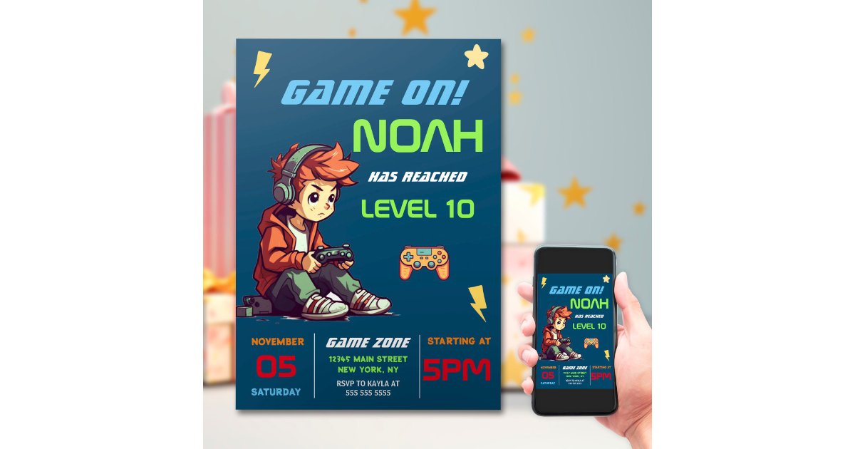 Gamer Boy Blue Video Game Birthday Invitation | Zazzle