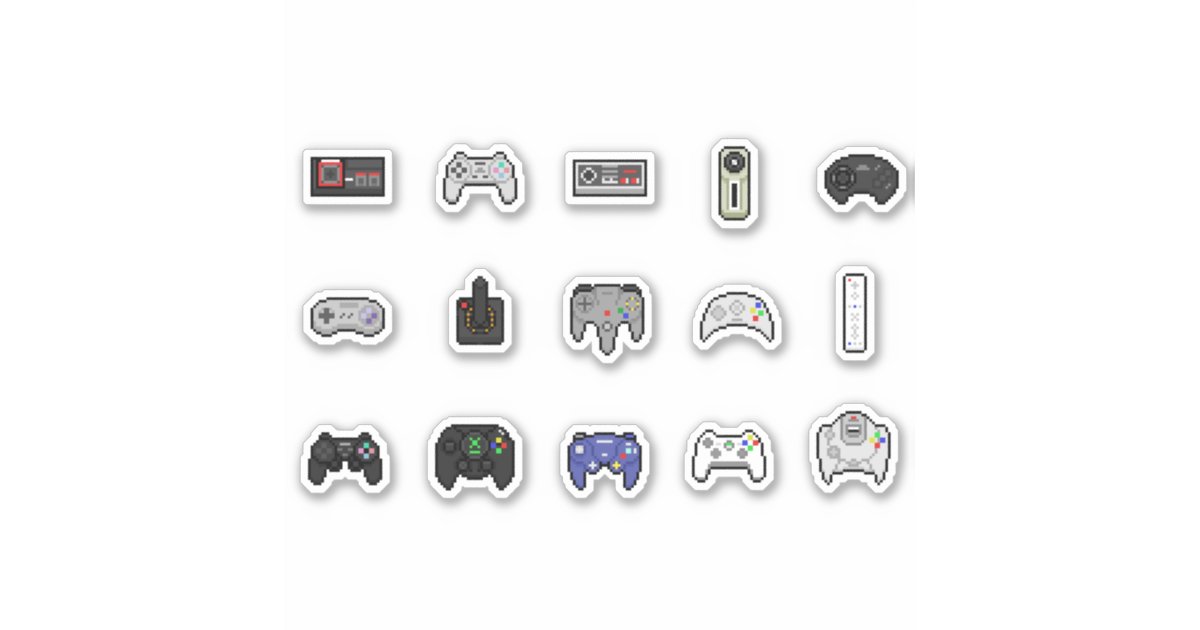 Gamer Grey Black Retro Pixel Art Controllers Sticker | Zazzle