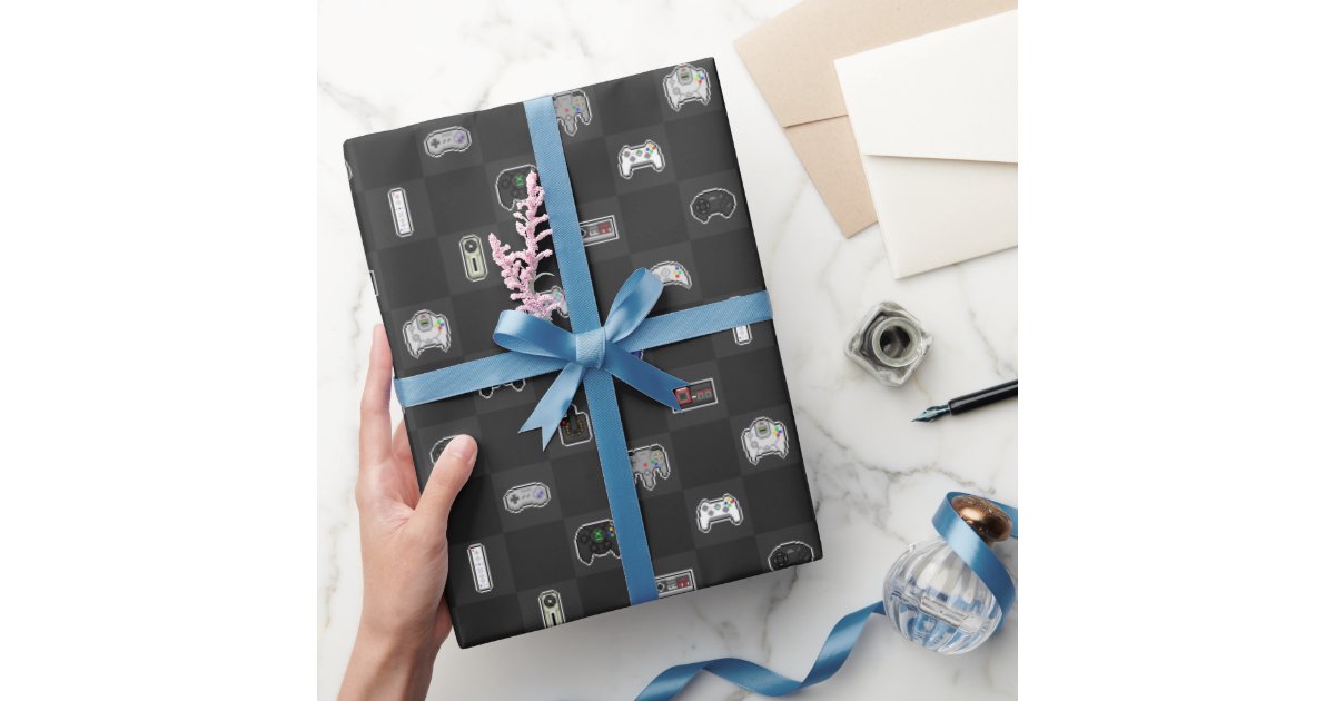 Gamer Grey Black Retro Pixel Controller Pattern Wrapping Paper | Zazzle