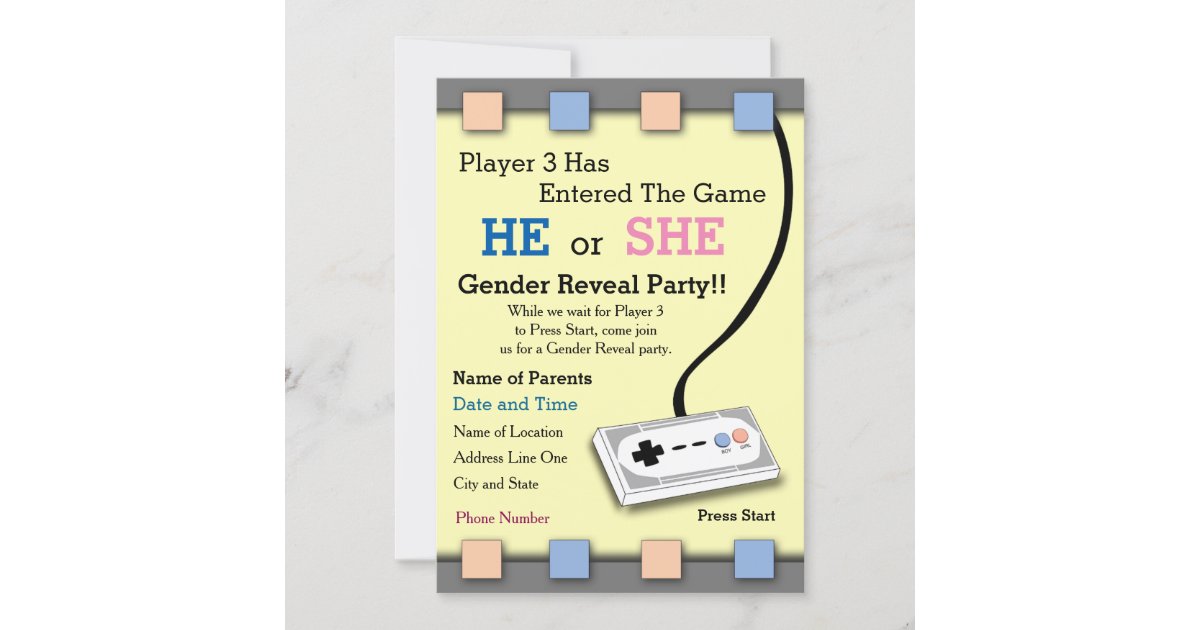 Gamer Player 3 Baby Shower Gender Reveal Invite | Zazzle