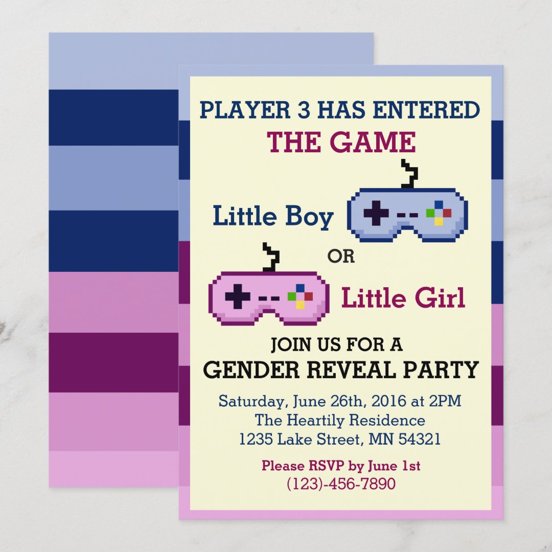 Gamer Player 3 Gender Reveal Baby Shower Invite | Zazzle