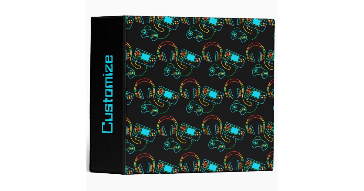 Gamer Retro Neon Pattern 3 Ring Binder | Zazzle