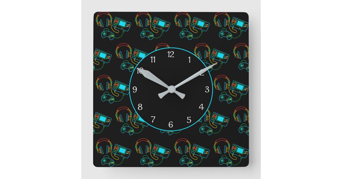 Gamer Retro Neon Pattern Black Square Wall Clock | Zazzle