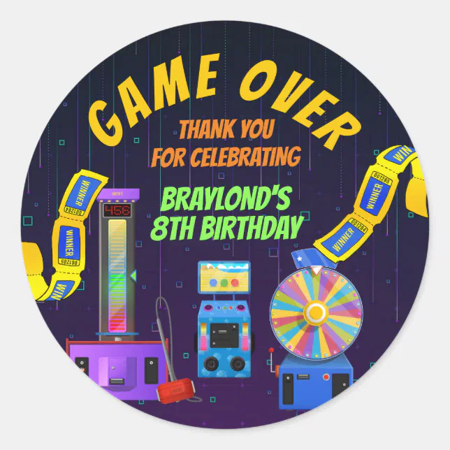 Gaming and Arcade Birthday Thank You Classic Round Sticker | Zazzle