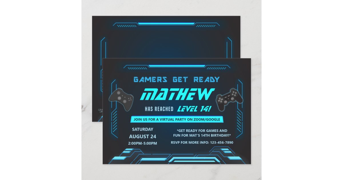 Gaming Gamer Blue Virtual Birthday Party Invitation | Zazzle