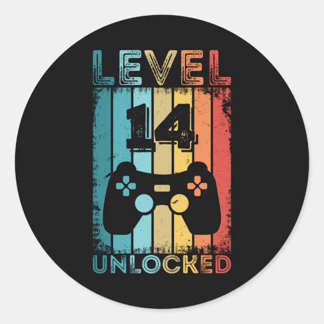 Gaming Level 14 Unlocked 14th Birthday Gift Gamer Classic Round Sticker ...