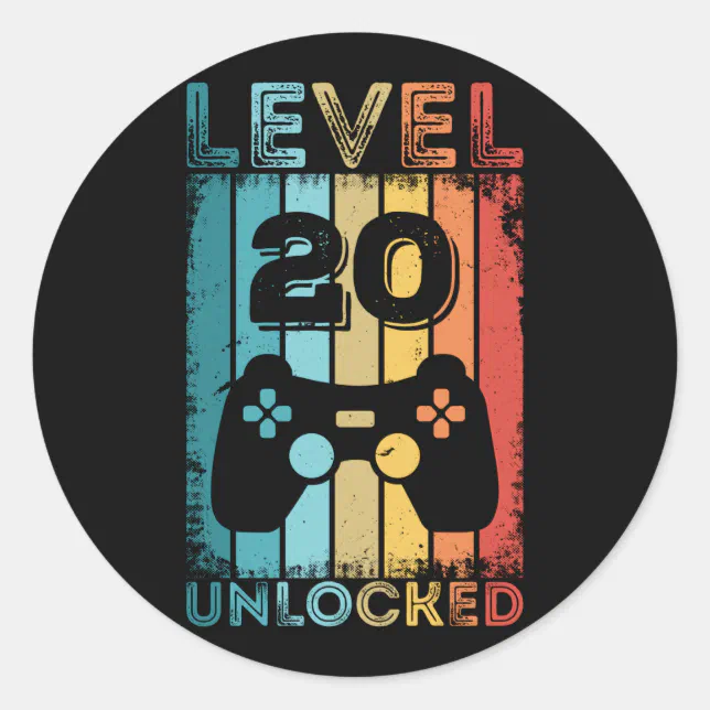 Gaming Level 20 Unlocked 20th Birthday Gift Gamer Classic Round Sticker ...
