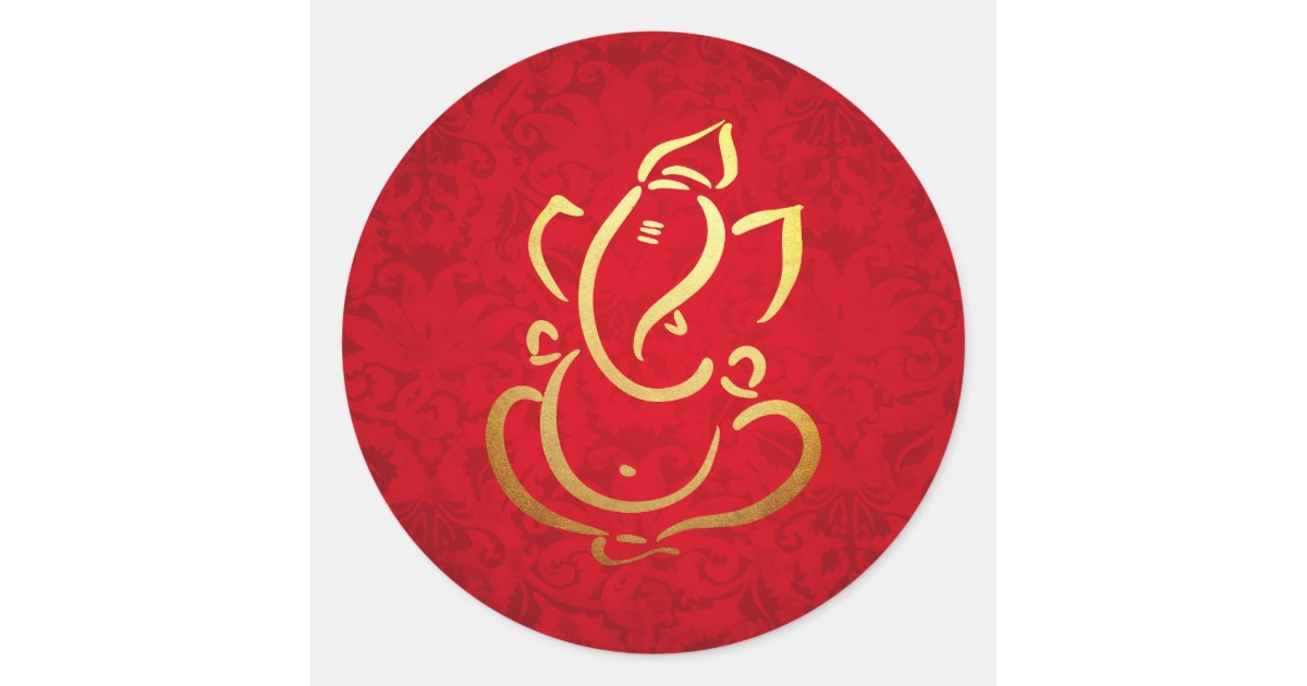 Ganesh | Ganpati | Indian God Damask Red Classic Round Sticker | Zazzle