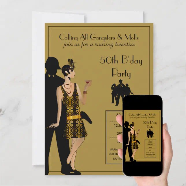 Gangster Moll 1920s Flapper Black Gold 50th Party Invitation | Zazzle