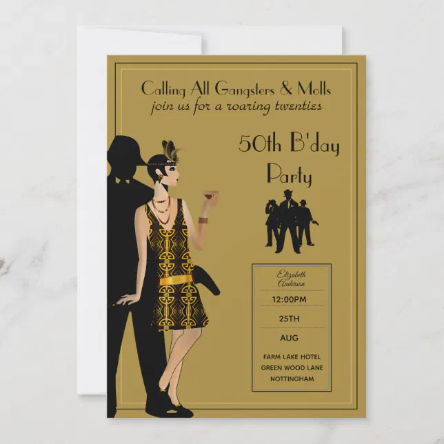 Gangster Moll 1920s Flapper Black Gold 50th Party Invitation | Zazzle