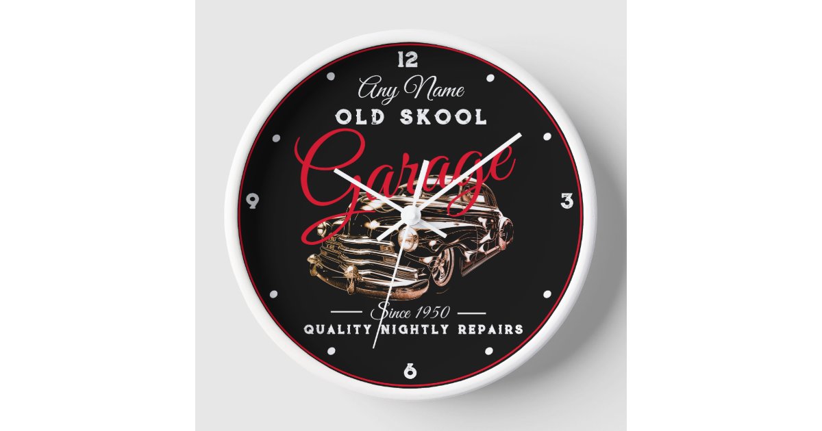 Garage Old School Any Name Black Red Vintage Car Clock | Zazzle