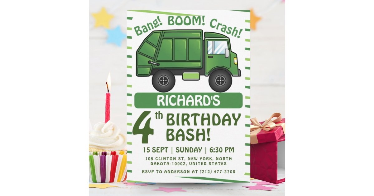 Garbage Truck Themed Kids Trash Party Birthday Invitation | Zazzle