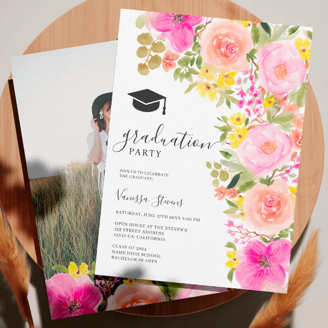Garden bohemian watercolor flowers graduation invitation | Zazzle