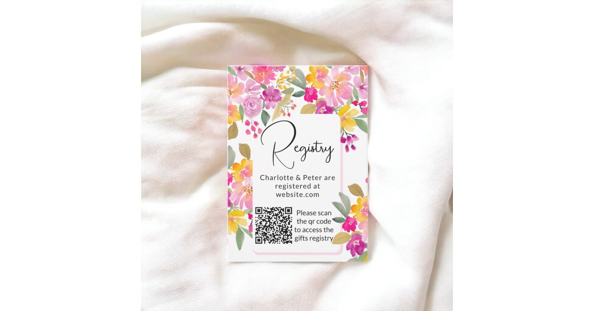 Garden bright floral watercolor bridal registry qr enclosure card | Zazzle