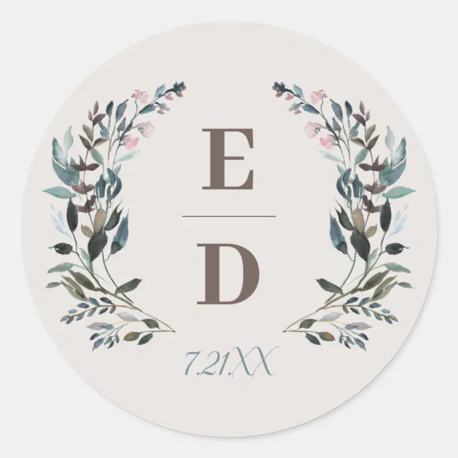 Garden Crest | Eggshell | Wedding Monogram Date Classic Round Sticker ...