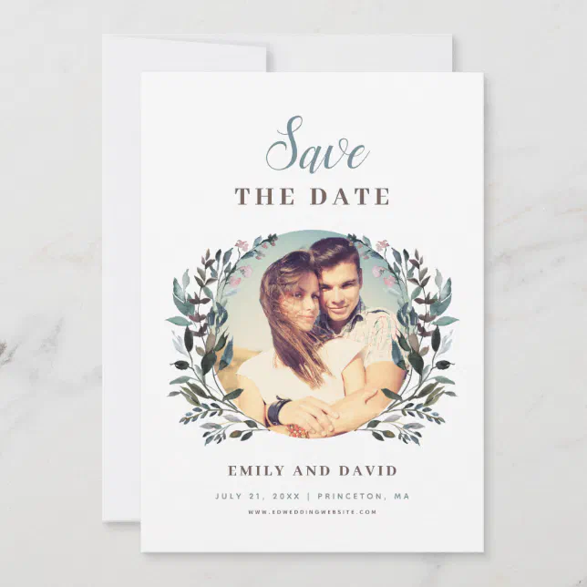 Garden Crest | White Blue Wedding Floral Photo Save The Date | Zazzle