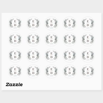 Garden Crest | White Blue Wedding Monogram Date Classic Round Sticker ...