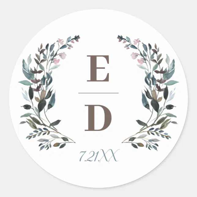 Garden Crest | White Blue Wedding Monogram Date Classic Round Sticker ...