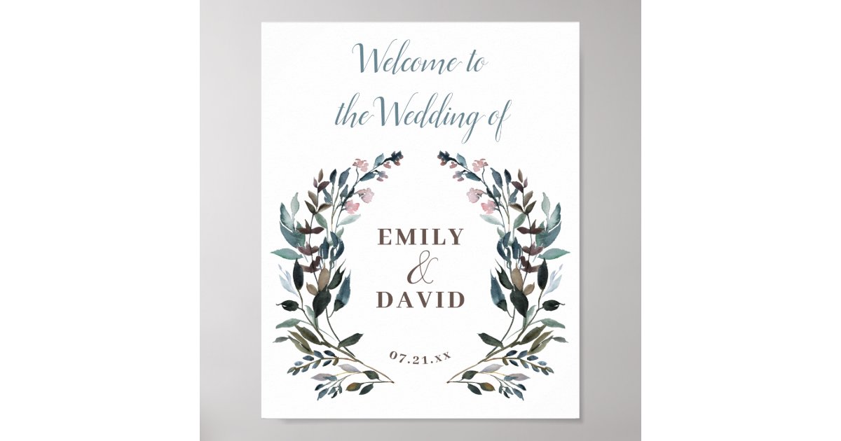Garden Crest | White Dusty Blue Welcome Wedding Poster | Zazzle