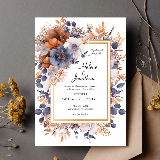 Garden Elegant Watercolor Dusty Blue Rust Wedding Invitation | Zazzle