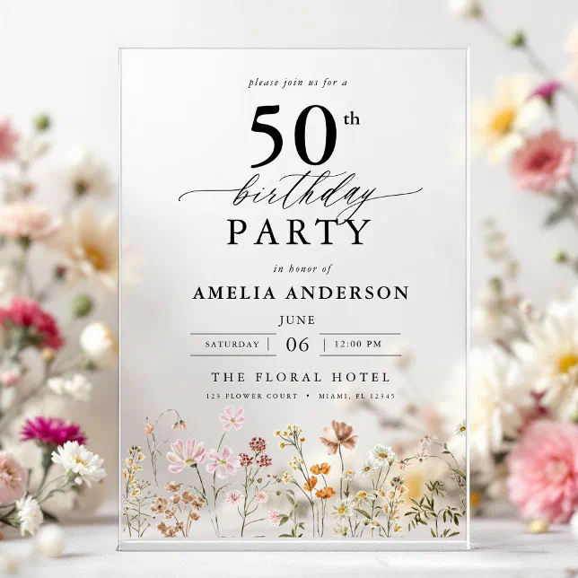 Garden Floral Calligraphy 50th Birthday Acrylic Invitations | Zazzle