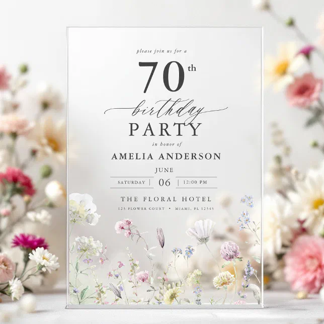 Garden Floral Calligraphy 70th Birthday Acrylic Invitations | Zazzle