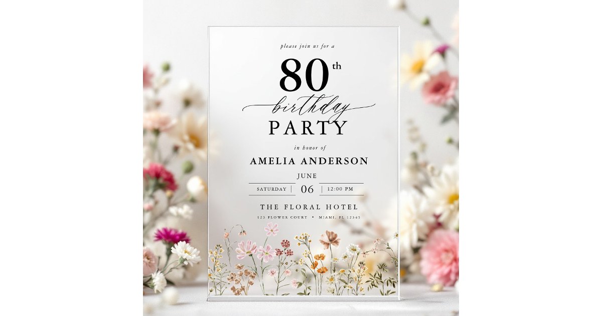 Garden Floral Calligraphy 80th Birthday Acrylic Invitations | Zazzle