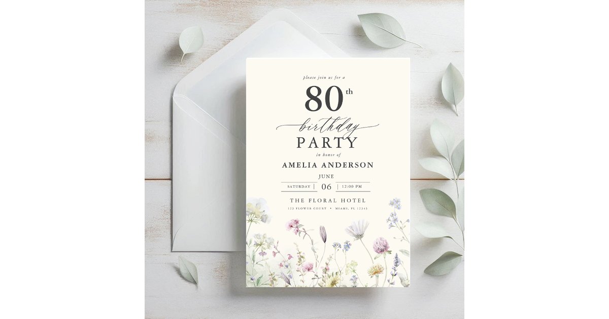 Garden Floral Calligraphy 80th Birthday Invitation | Zazzle