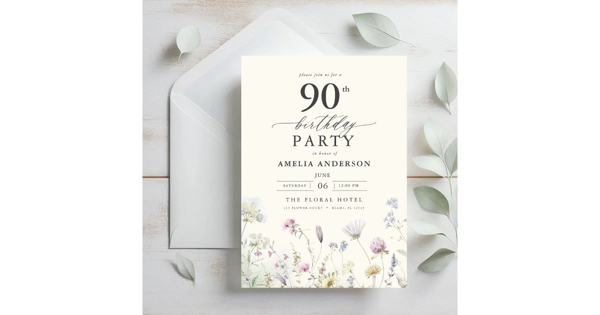 Garden Floral Calligraphy 90th Birthday Invitation | Zazzle