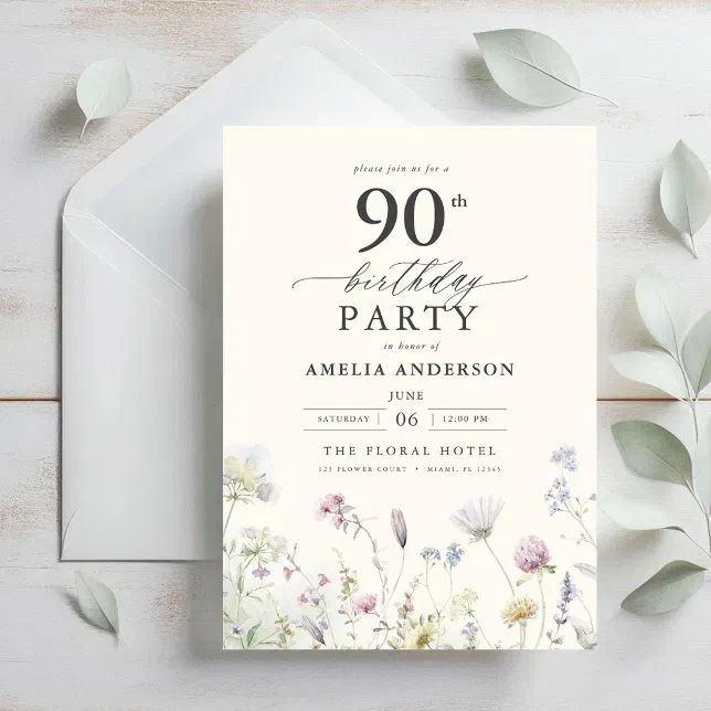 Garden Floral Calligraphy 90th Birthday Invitation | Zazzle